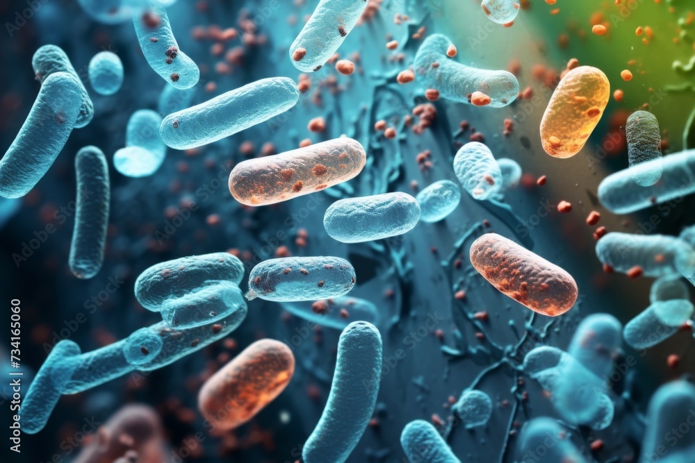 3D render of tiny bacteria and therapeutic organisms including ...