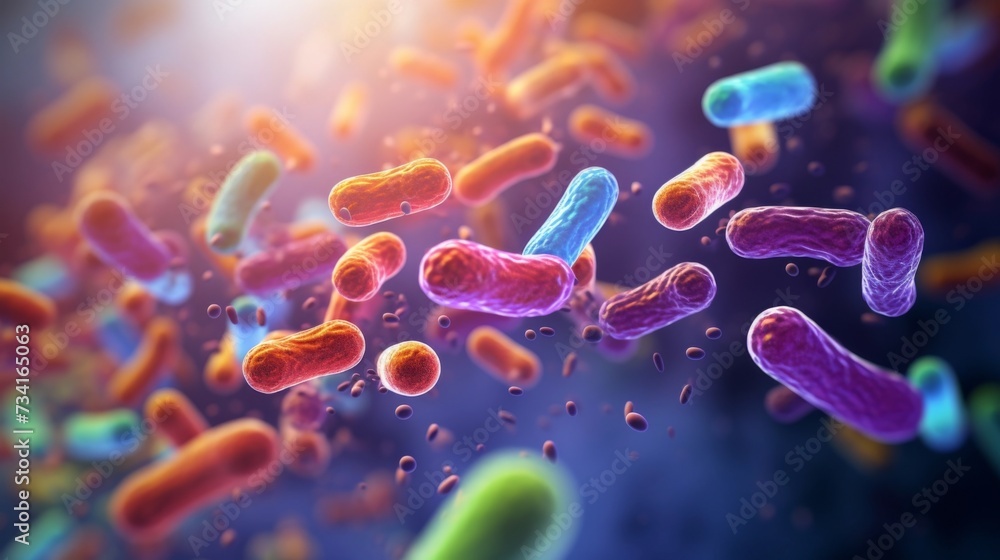3D render of tiny bacteria and therapeutic organisms including ...