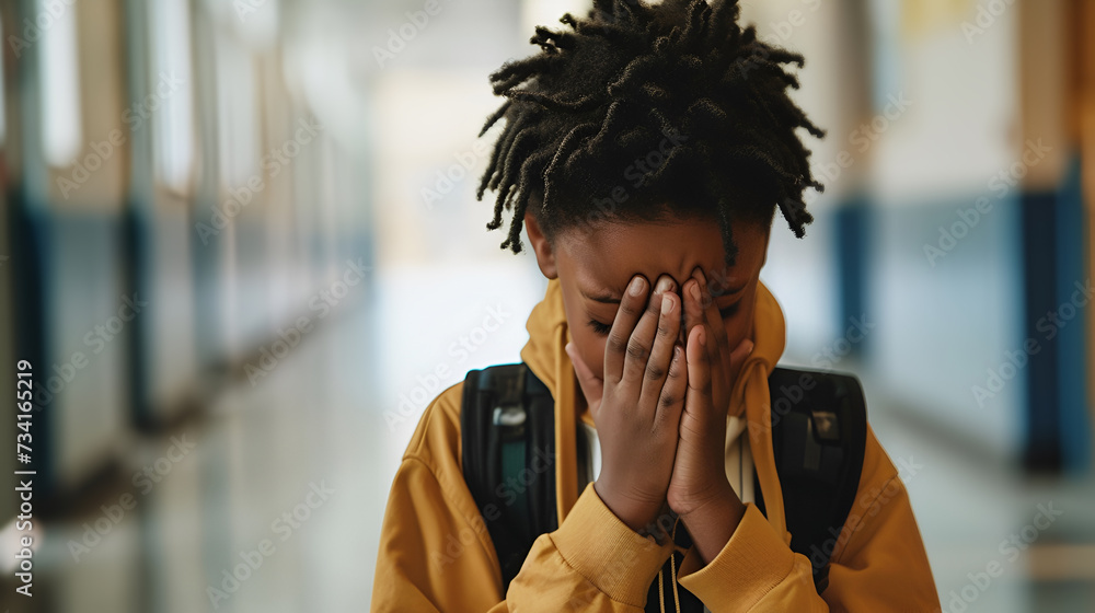Upset black teenage boy covered his face with his hands while standing ...