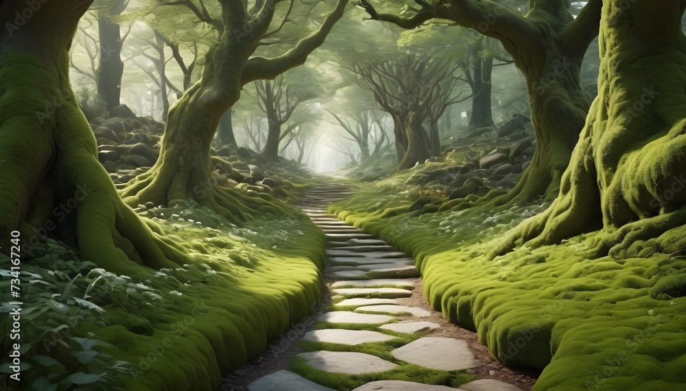scene of a moss-covered stone path winding through a fairy-tale forest with trees arching ...