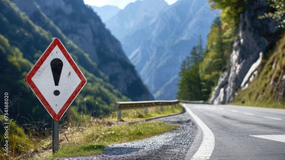Mountainous road safety - danger alert sign with red triangle and ...