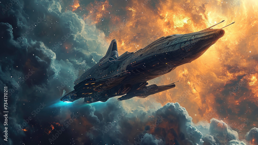 digital art spaceship flying in interstellar space Stock Illustration ...