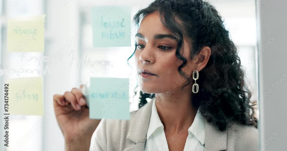 Businesswoman, sticky notes and board with writing for planning ...