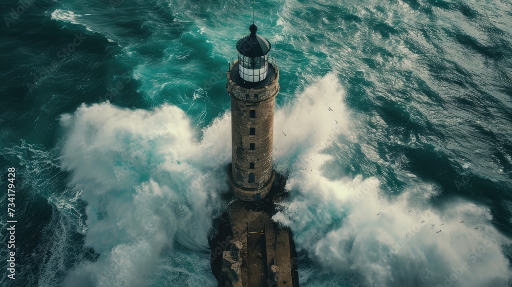an offshore lighthouse standing tall amidst crashing waves, its sturdy ...