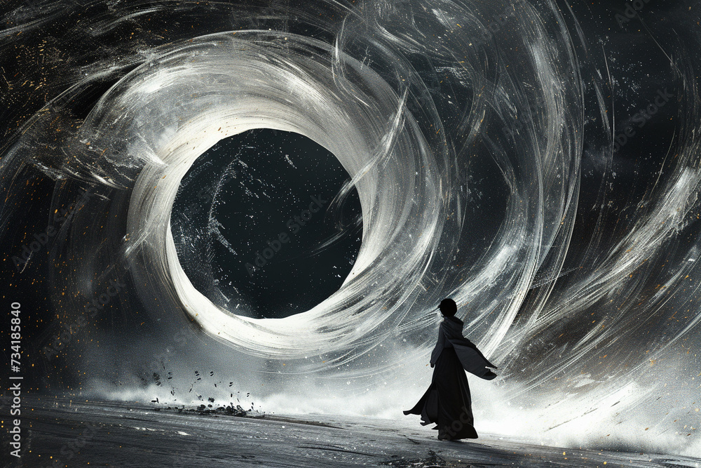 Render a spirit lost in the unraveling threads of time and space in the ...