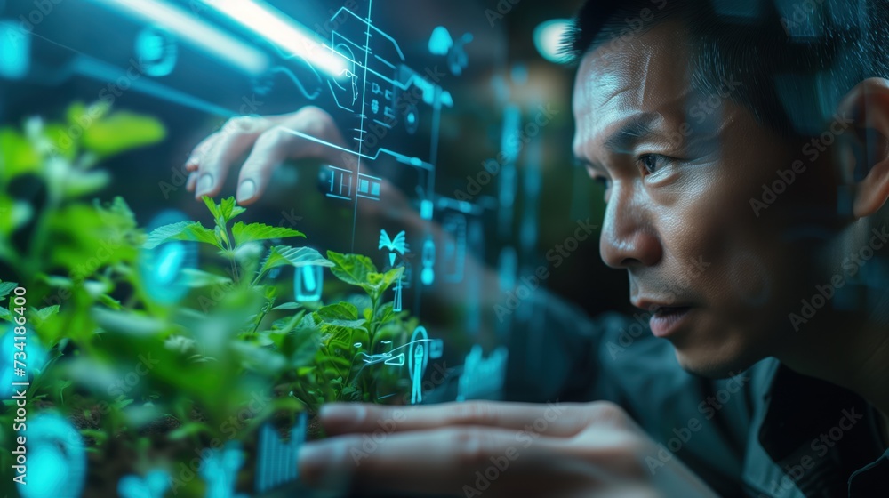 Sustainable farmer interacting with a 3D holographic model of farm ...