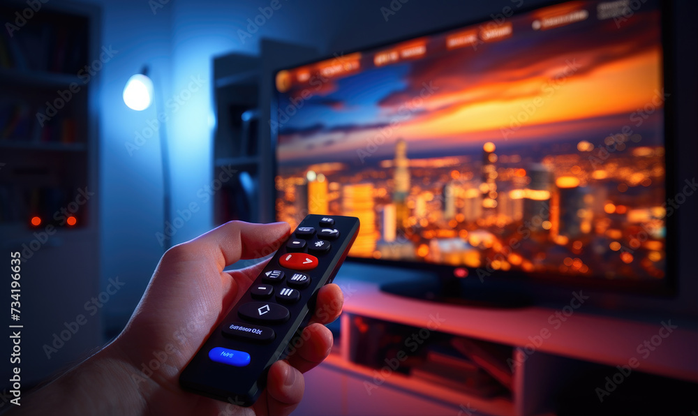 Man hand switches the TV channels with TV controler, smart TV backgroun ...