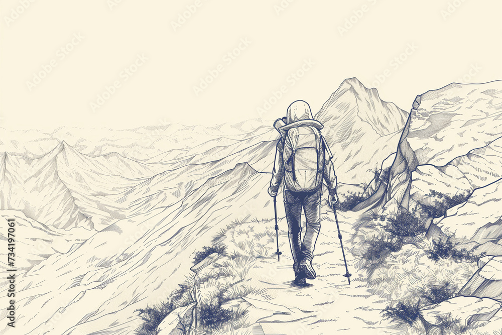 Monochrome Sketch of a Lone Hiker Exploring Mountain Terrain - Suitable ...