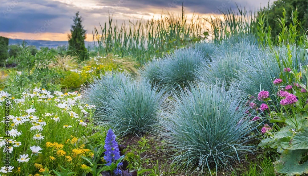 several plants of a festuca glauca of blue color grow in a cereal ...