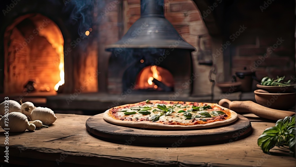 an Italian pizza cooking in a wood-fired oven. Capture the flickering ...