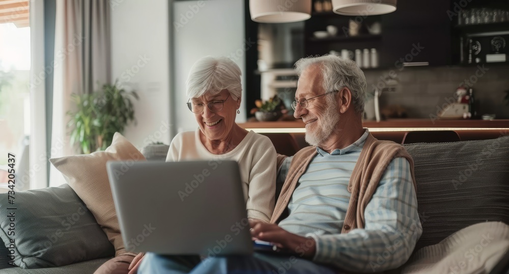Retired life: senior pair with computer at home. Elderly couple husband ...
