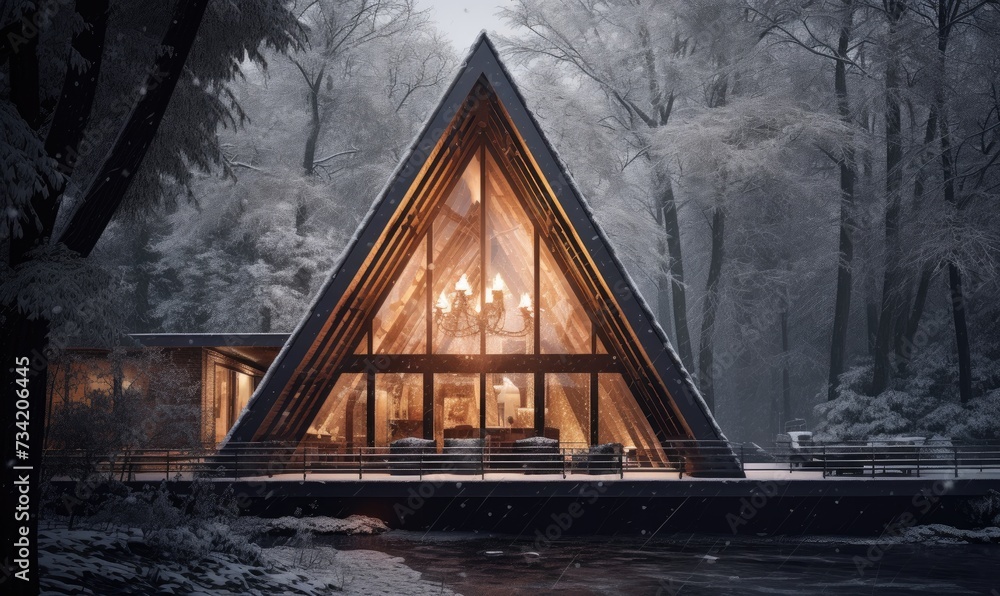 Timber cabin made from oak wood, with pitched roof and refined ...