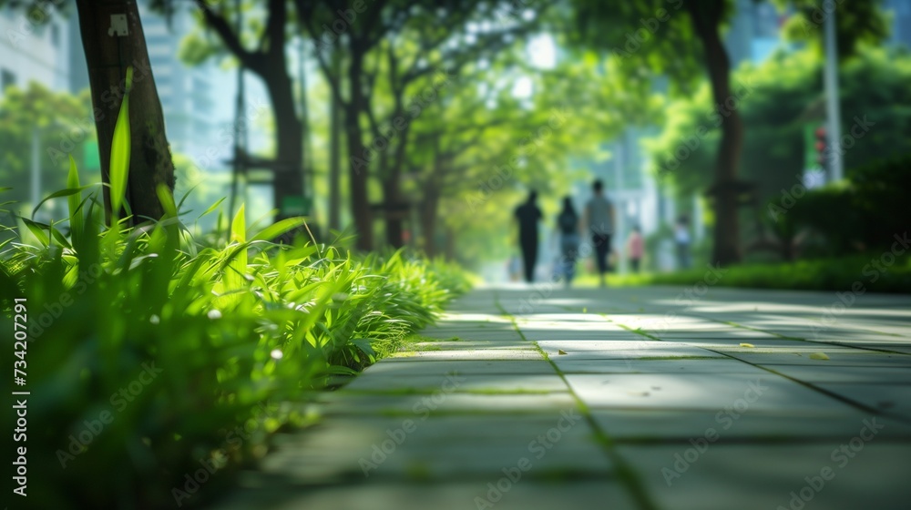 Sidewalk lined with thriving plants and trees in a sustainable urban ...