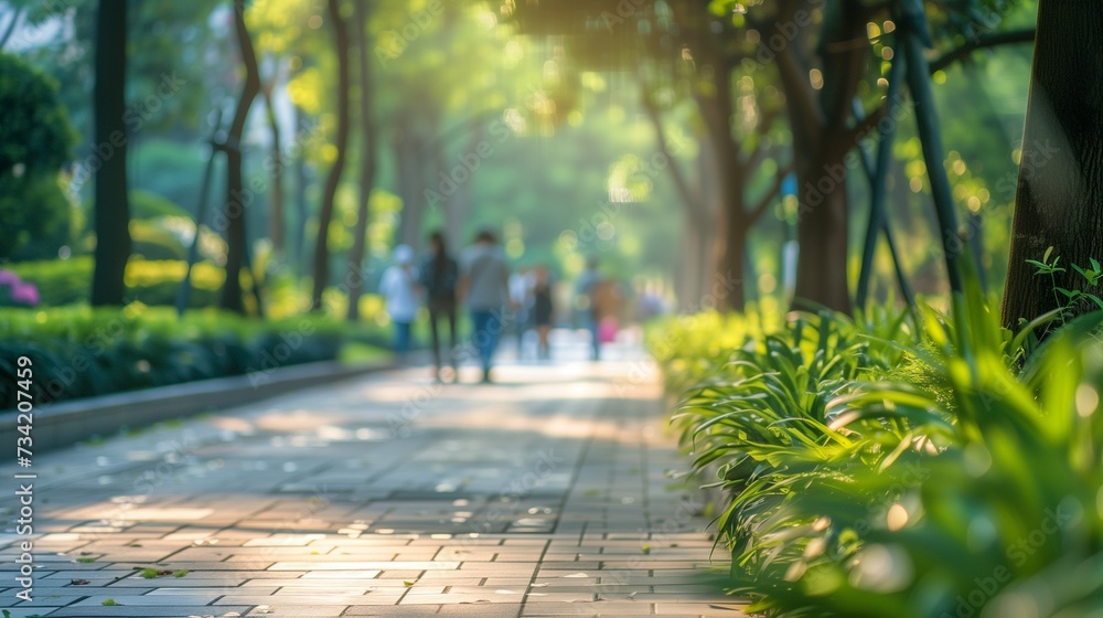 Sidewalk lined with thriving plants and trees in a sustainable urban ...