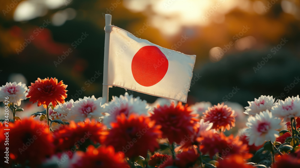 Japanese flag and symbol of Japan chrysanthemums, red circle, white ...