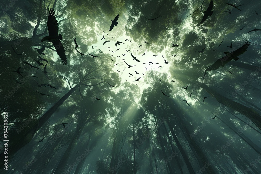 Fantasy birds in flight through the dappled light of a dense, mystical ...
