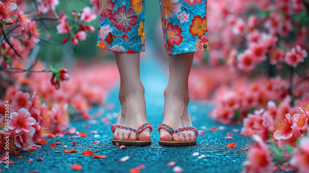 woman's feet in Japanese geta shoes, pink sakura flowers on the ground ...