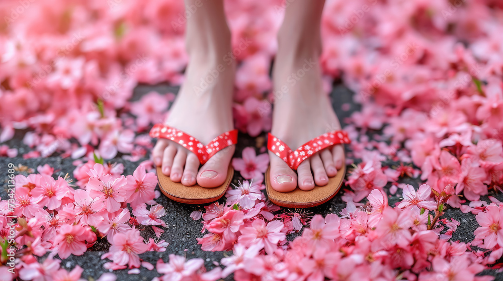 woman's feet in Japanese geta shoes, pink sakura flowers on the ground ...