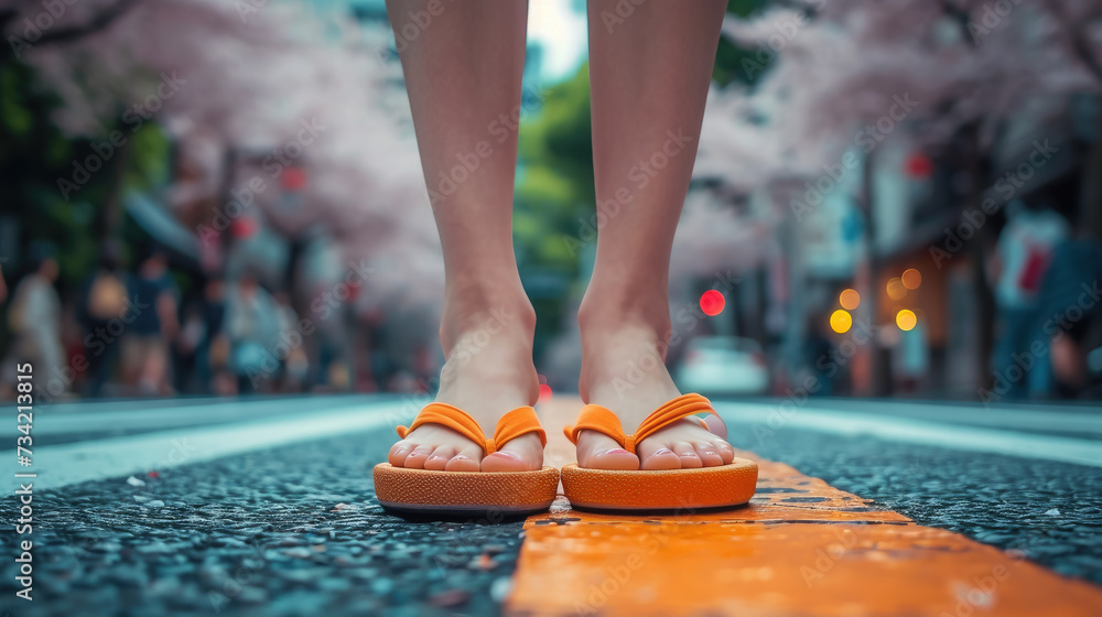 woman's feet in Japanese geta shoes, pink sakura flowers on the ground ...