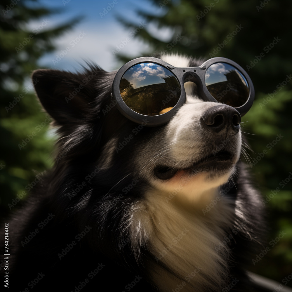 a dog looking at a total solar eclipse with protective glasses on ...