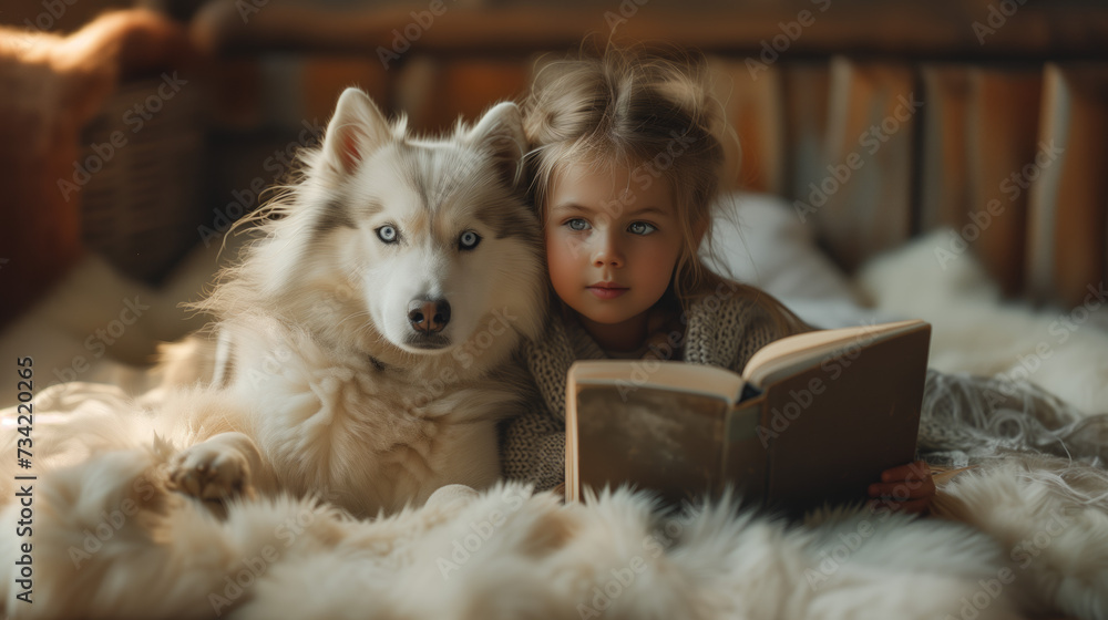 A cute little girl invites her to read a book with a Siberian dog in ...