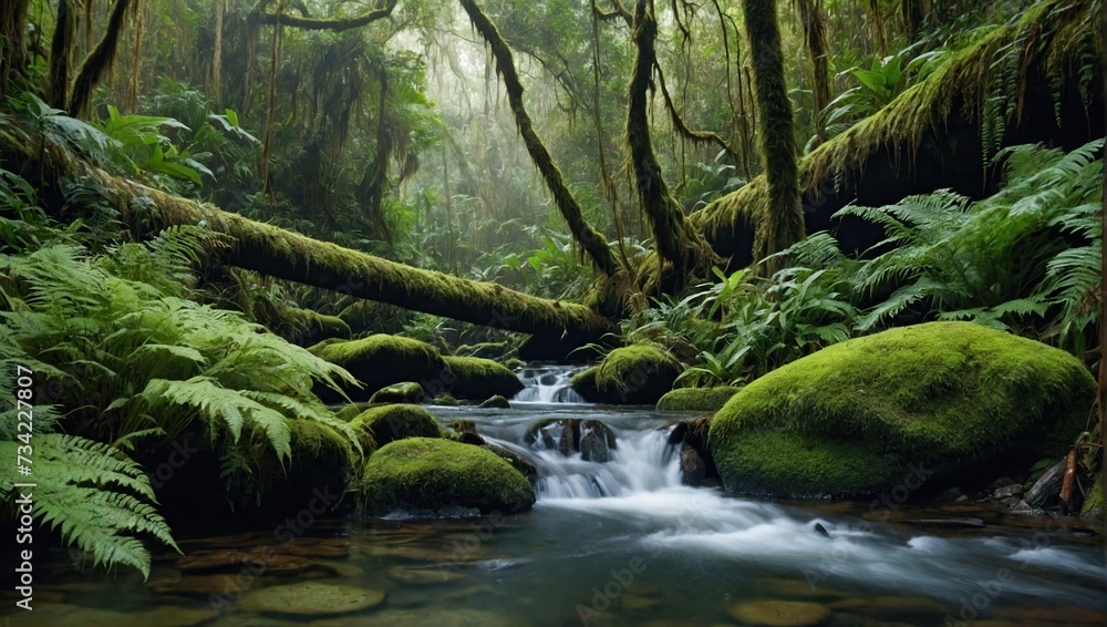 Cascades of a rainforest stream with large overhanging ferns and mossy ...