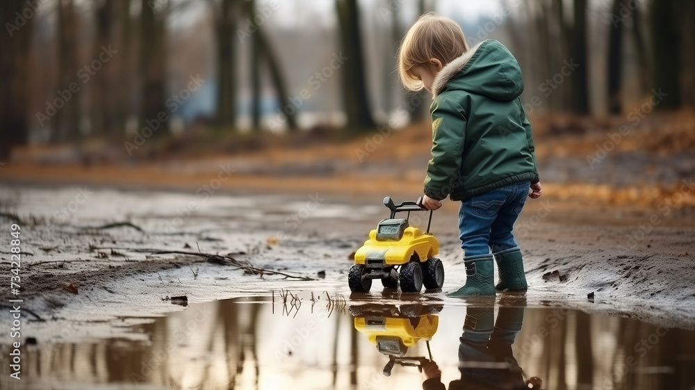 Consequences after major hurricane, child plays with car in puddle ...
