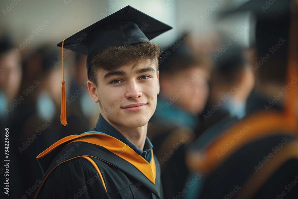 Universitario celebrando su graduación con otros estudiantes, contento ...