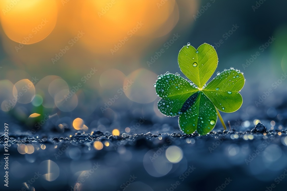Serene four-leaf clover in morning dew, nature's beauty captured in ...