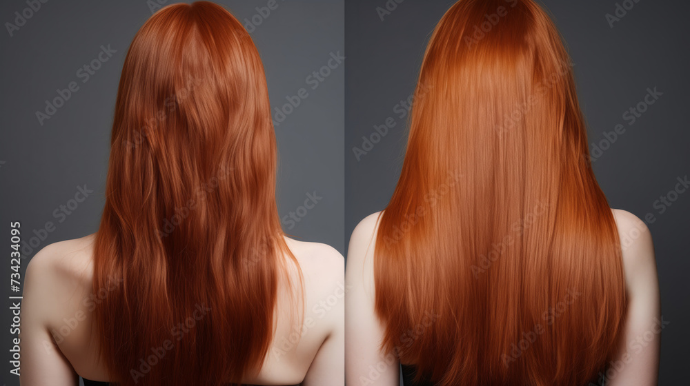 Red hair before and after treatment, sick, cut and healthy hair. Stock ...
