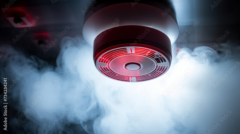 Working smoke detector and fire alarm in action. System for protection ...