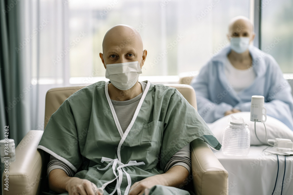 Cancer patient Mature bald man smile wearing mask and gown in a ...