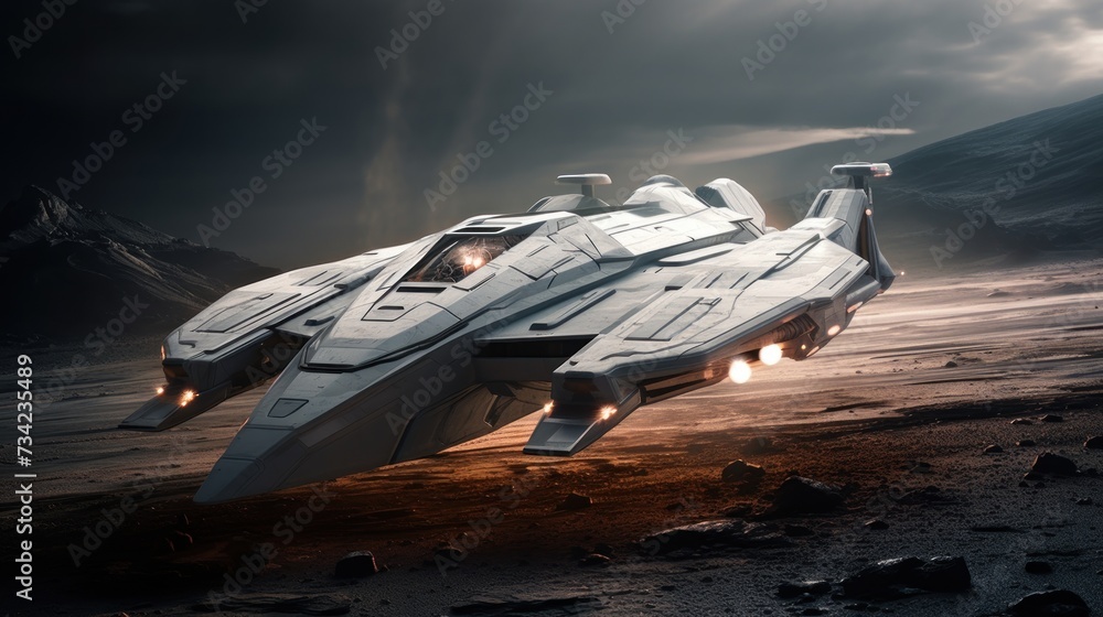 Spaceship in the Universe, spacecraft flying in deep space with stars ...