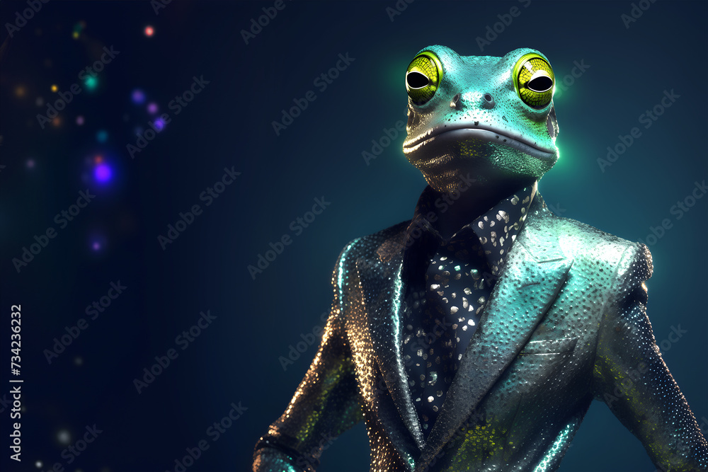 Creative animal concept. Frog toad in disco neon glitter glam shiny ...
