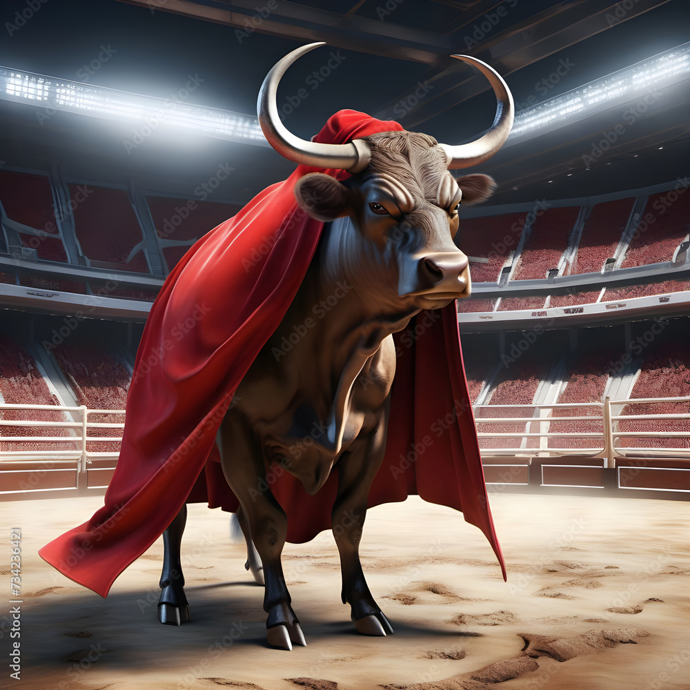 Nonsense surreal image: Bull beating bullfighter. Bull wearing a red ...