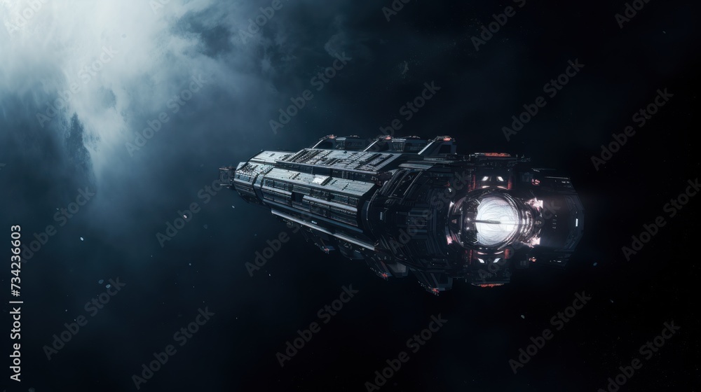 Spaceship in the Universe, spacecraft flying in deep space with stars ...