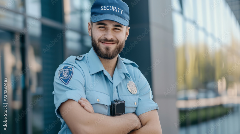 smiling security guard with a beard, standing confidently with his arms ...