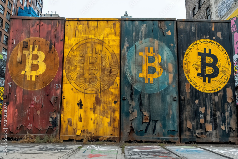A large-scale mural of the Bitcoin logo, painted on a city wall in the ...