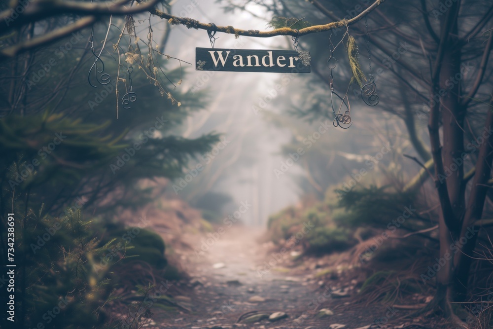 Enigmatic Forest Path with a 'Wander' Sign Among Misty Trees ...