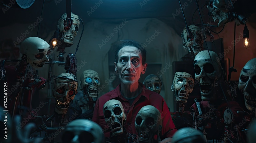 Evil android puppet portrait. Crazy villain with red eyes on a ...