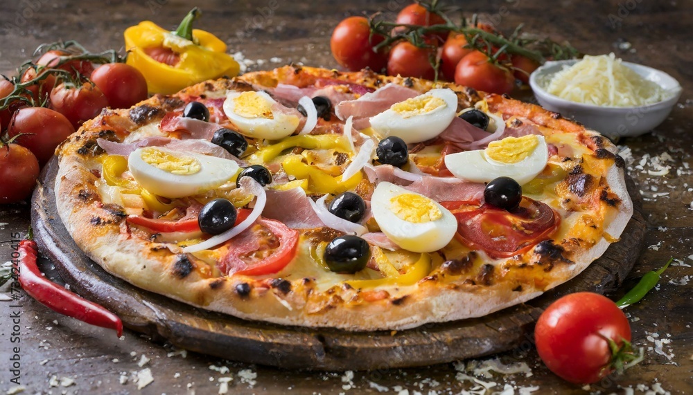 Pizza portuguesa com ovos cozidos, presunto, muçarela, cebola ...