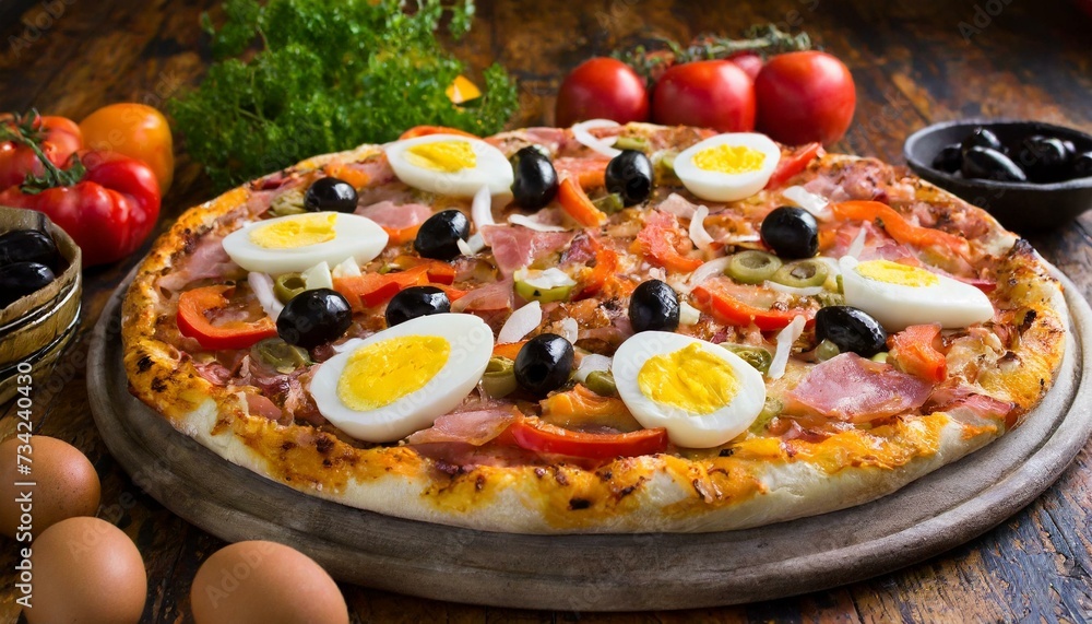 Pizza portuguesa com ovos cozidos, presunto, muçarela, cebola ...