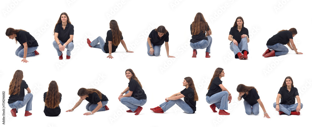 various poses of the same yung woman kneeling, squatting and sitting on ...