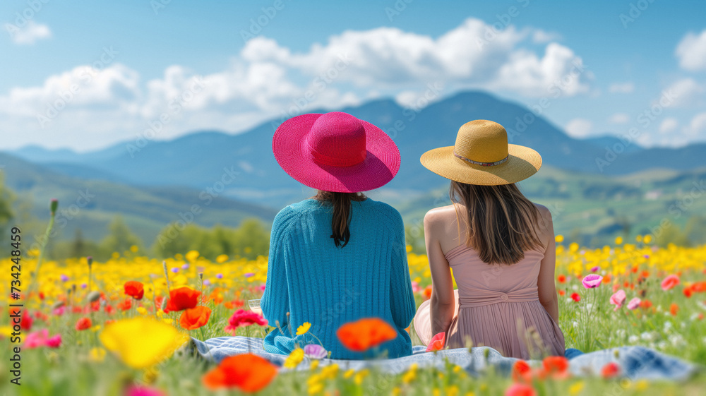 Two women with hats sitting with their backs turned, enjoying a field ...