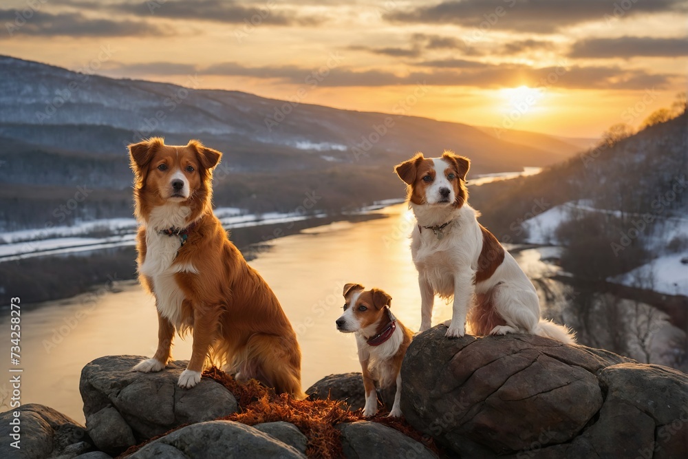 dogs on rock perch on a snow-covered hill with river, a Nova Scotia ...