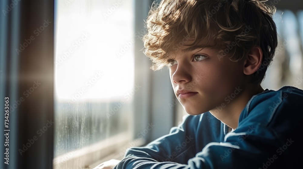 Young boy looking out the window with his arms resting on the window ...