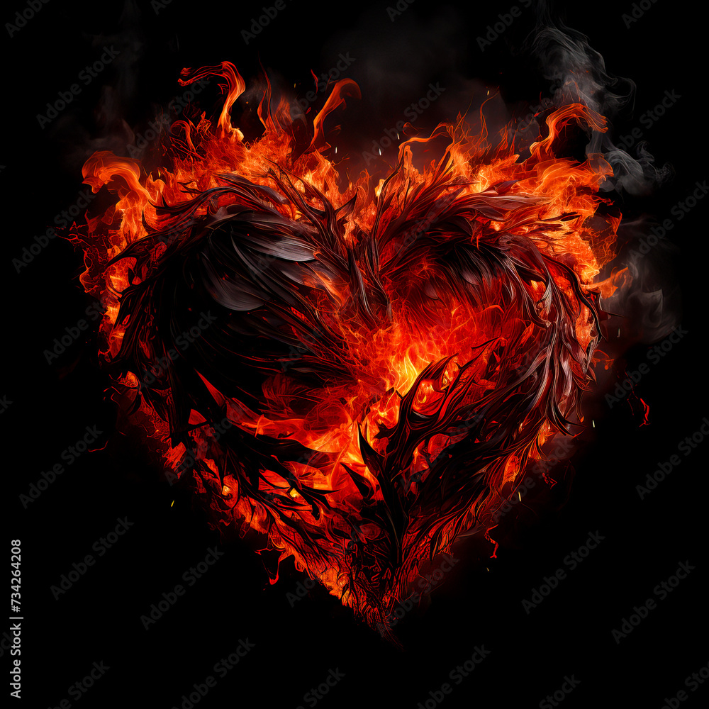 Fire heart isolated on black background. Flame symbol of love. Intense ...