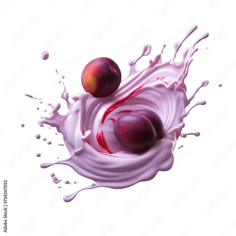 realistic fresh ripe damson plum with slices falling inside swirl fluid ...