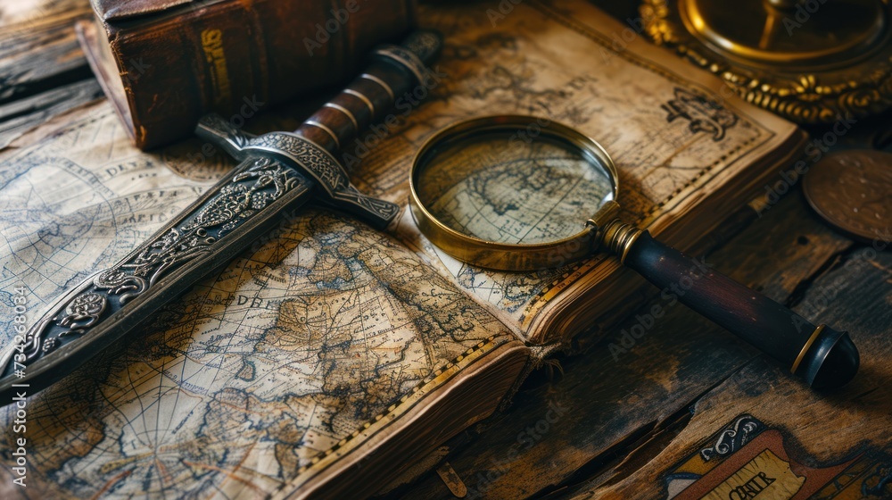 Medieval theme background with dagger, vintage map on table. Stock ...