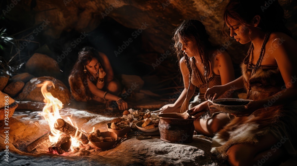 cavewoman working in cave preparing food with bonfire. Photorealistic ...